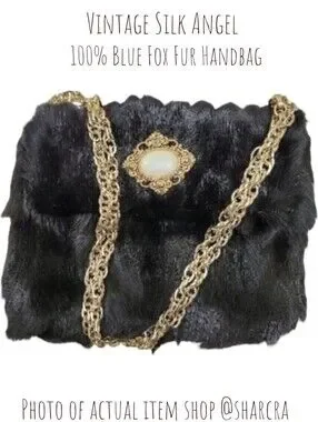 Vintage | Bags | Vintage Silk Angel Blue Fox Fur Black Handbag Golden ...